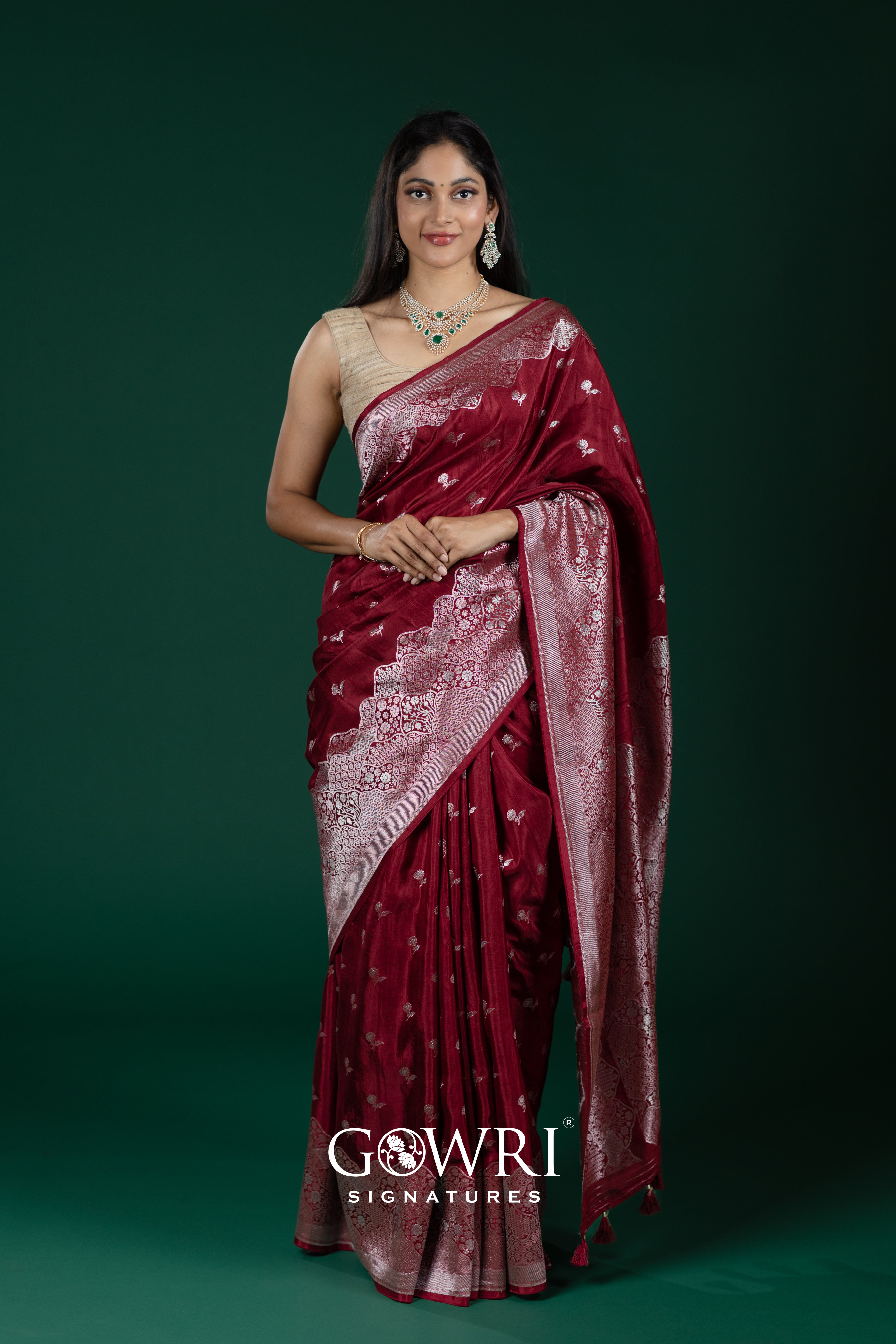 Maroon Mashroo Silk Saree with All Over Butti Work – Gowri Signatures